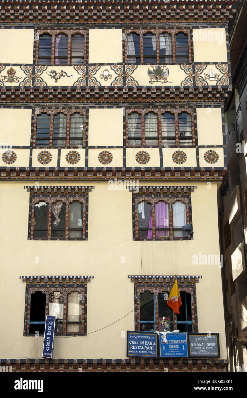 ornate windows at a commercial building, Thimphu Stock Photo - Alamy