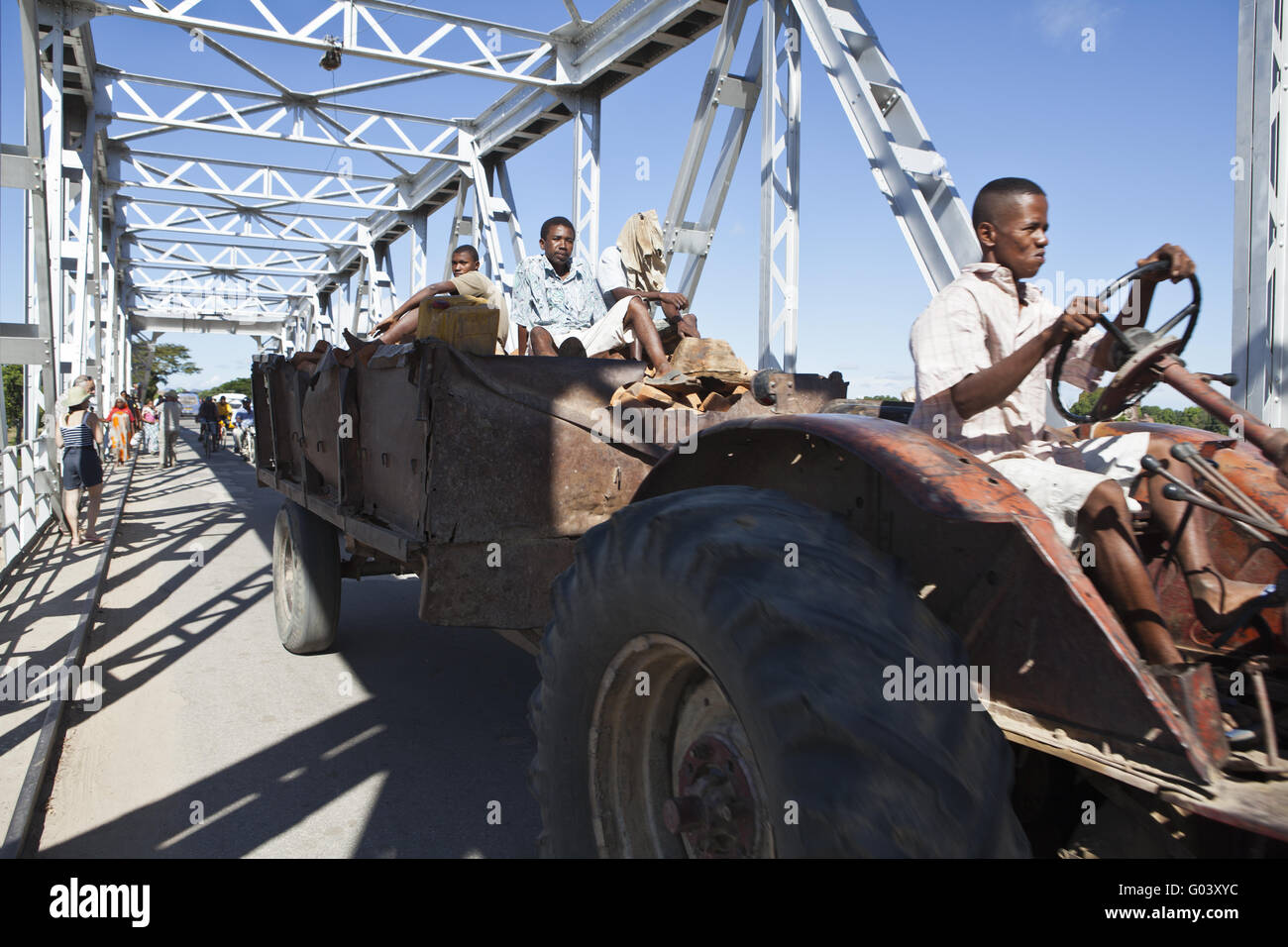 Tractor drive over a bridge, Madagascar, Africa Stock Photo - Alamy