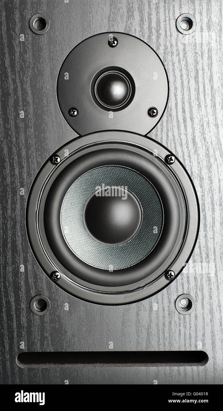 speakers and a passive radiator on wooden background Stock Photo - Alamy