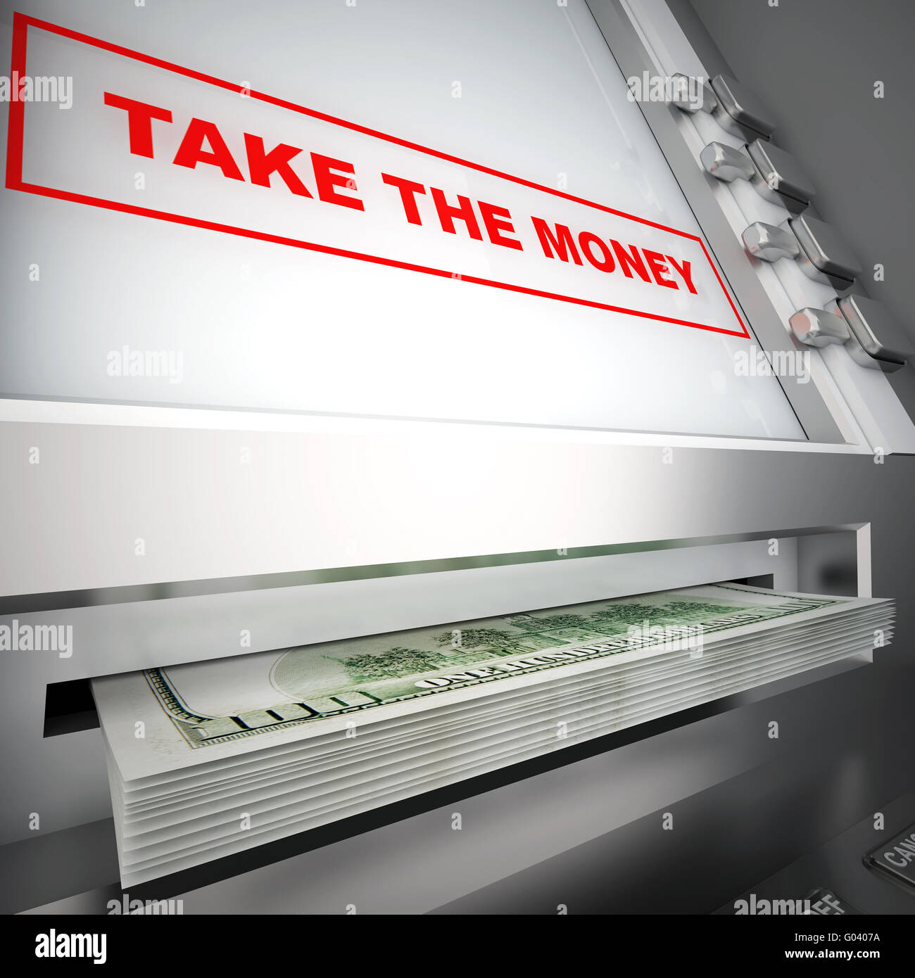 modern ATM, with red sign and dollars in a tray Stock Photo - Alamy