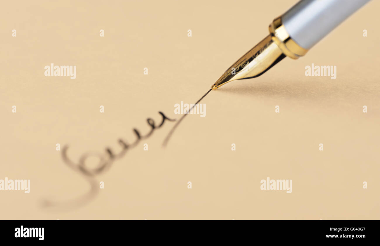 The signature close up and fountain pen. Old yellow paper Stock Photo ...
