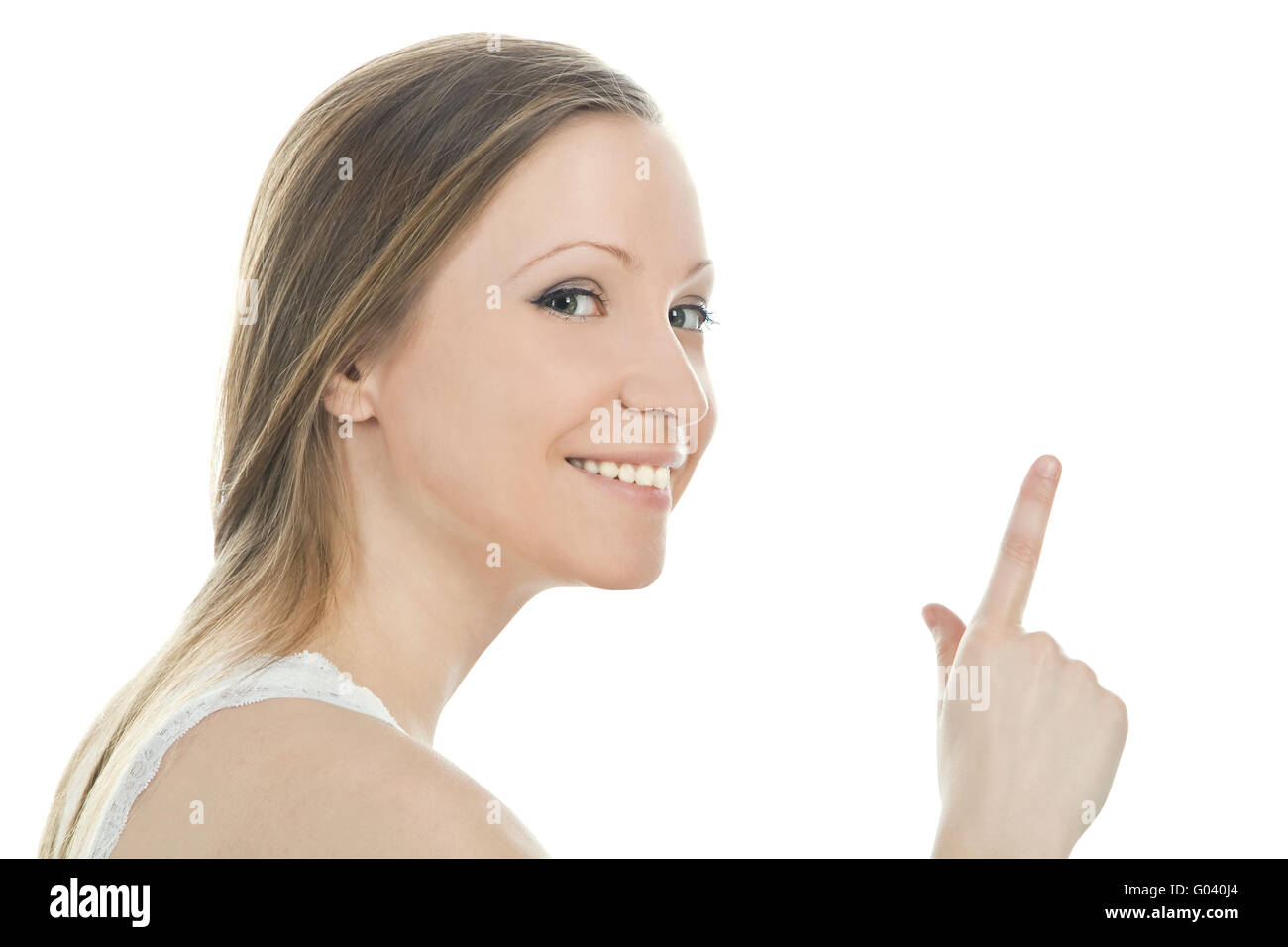 Bright picture of attractive woman pointing her finger Stock Photo - Alamy
