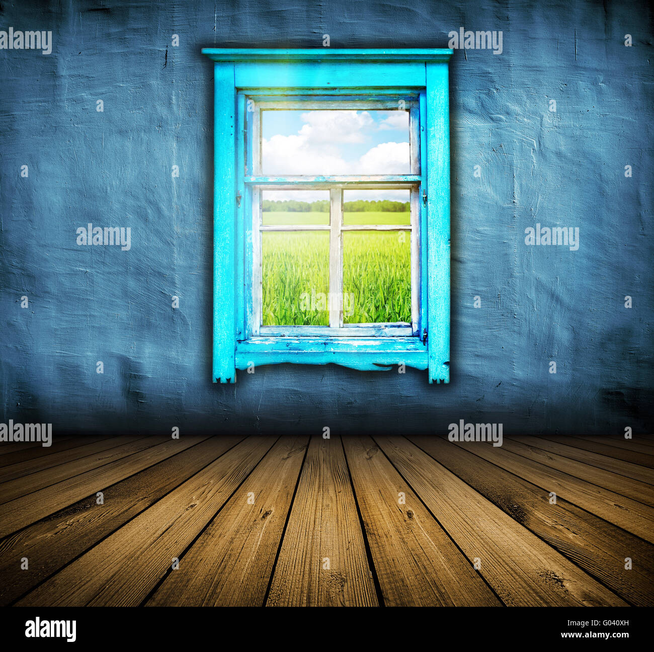 dark vintage blue room with wooden floor and window with field and sky ...