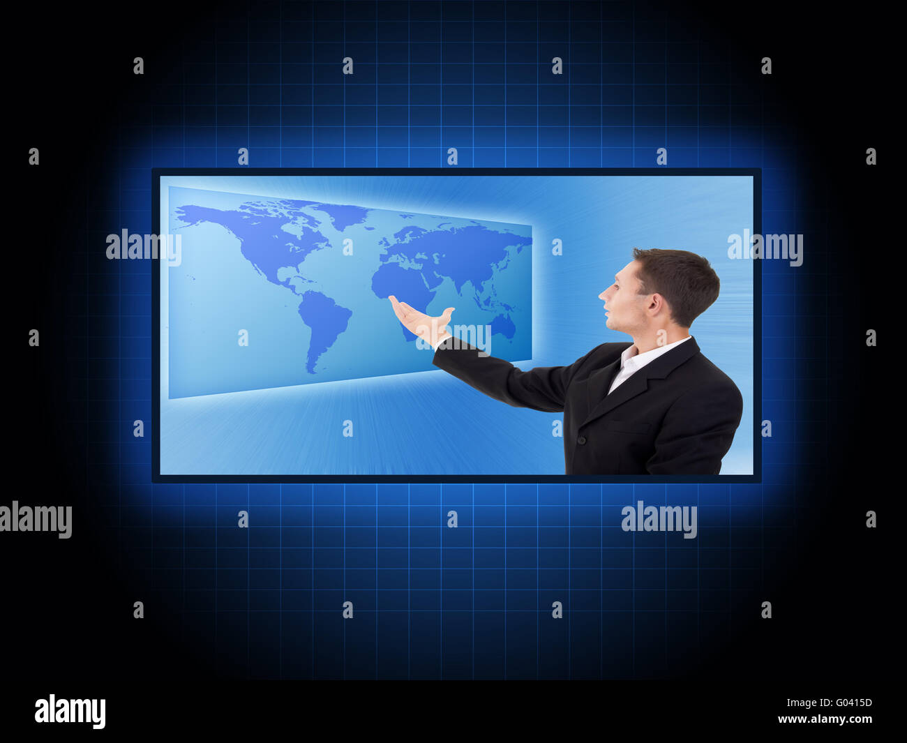 Future business solutions businessman with world map Stock Photo - Alamy