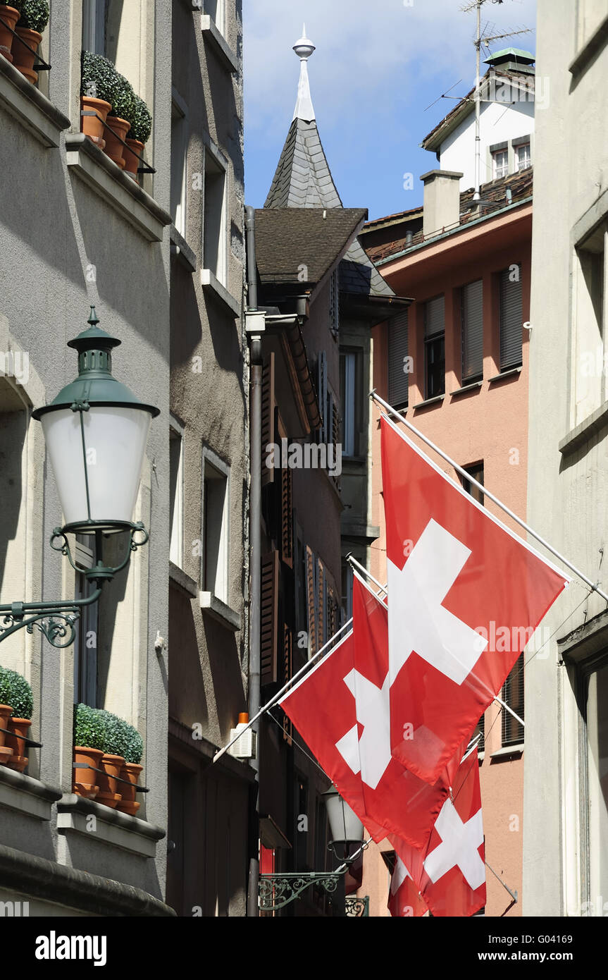 Zurich, swiss flags in the street Stock Photo - Alamy