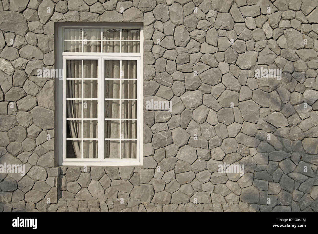 vintage window with curtain on stone wall background Stock Photo - Alamy