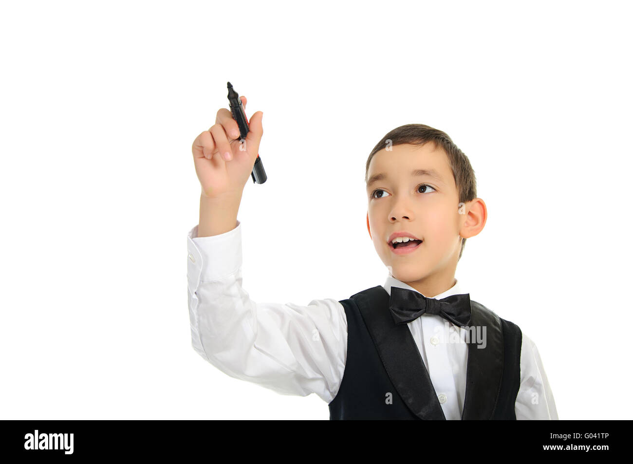 school boy wrighting with pen isolated on white Stock Photo - Alamy