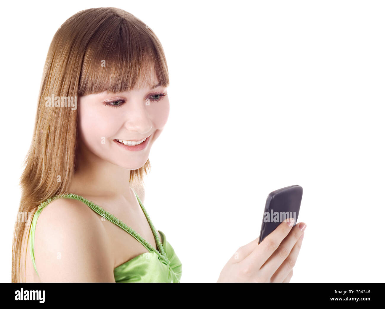 Bright picture of happy blonde with cell phone Stock Photo - Alamy