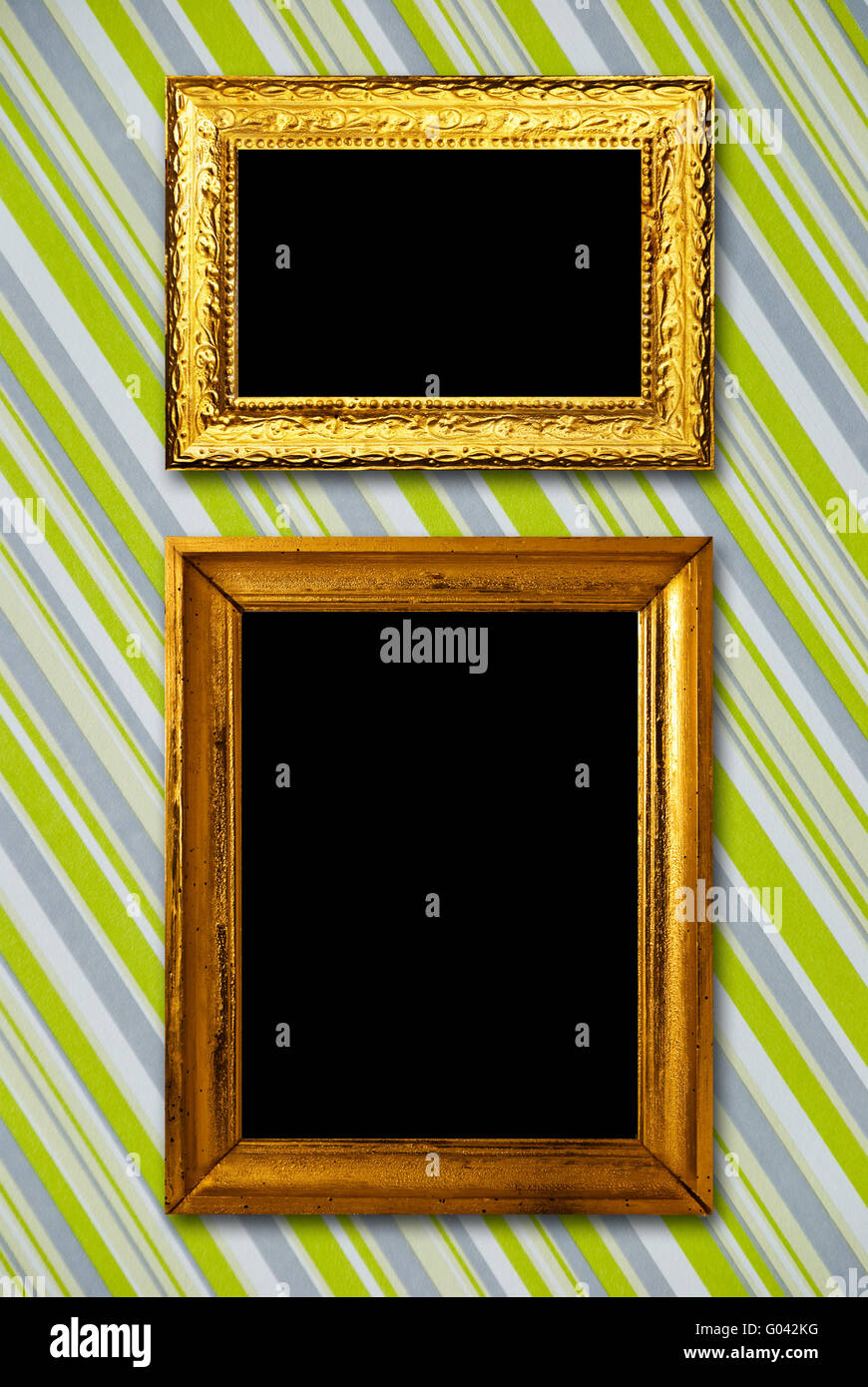 Gold frame on striped vintage wallpaper background Stock Photo - Alamy