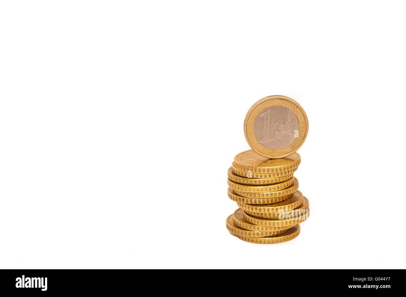Stack of Euro coins with 1 Euro coin on the top isolated on white ...