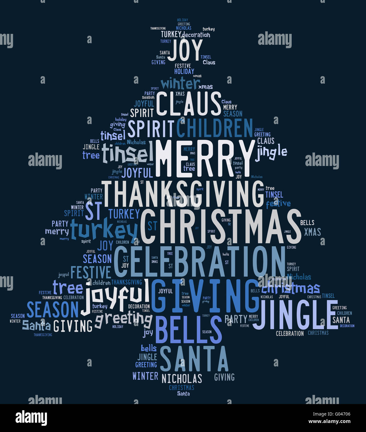 Christmas tree word clouds in blue background Stock Photo - Alamy