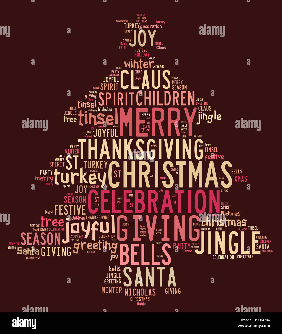 Christmas tree word clouds in red background Stock Photo - Alamy