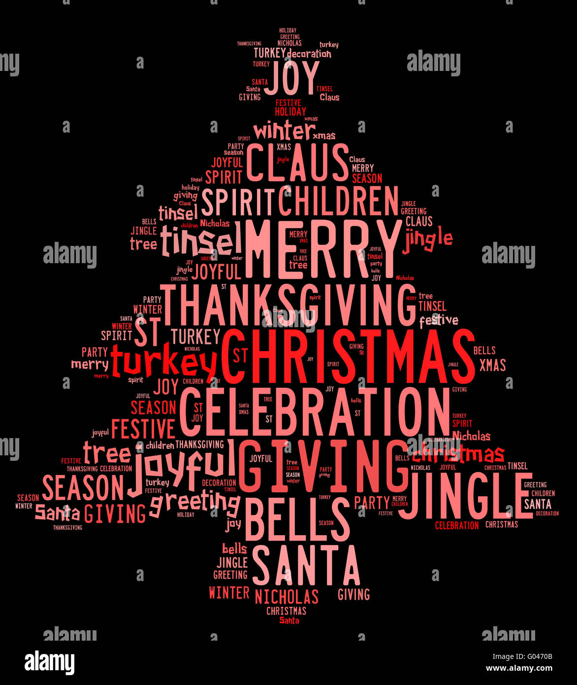 Christmas tree word clouds in black background Stock Photo - Alamy