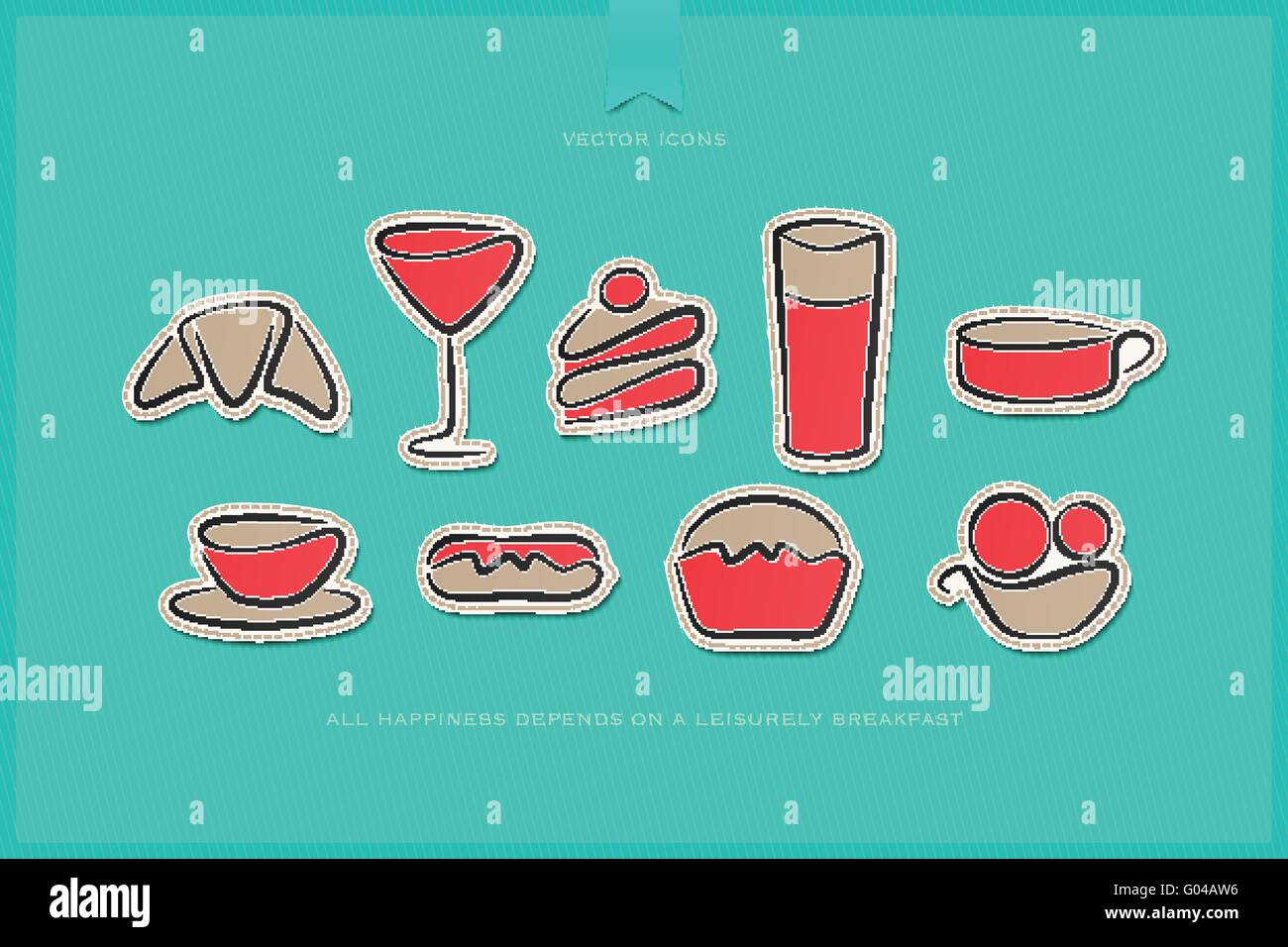 set of hand drawn style breakfast stickers over blue paper background ...