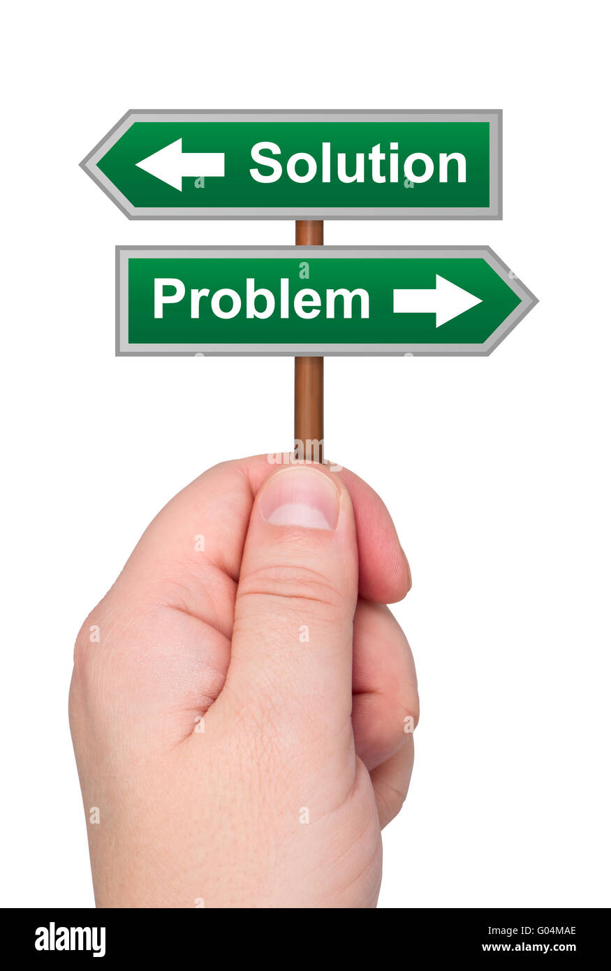 Waymark arrows solution problem in hand isolated on white background ...