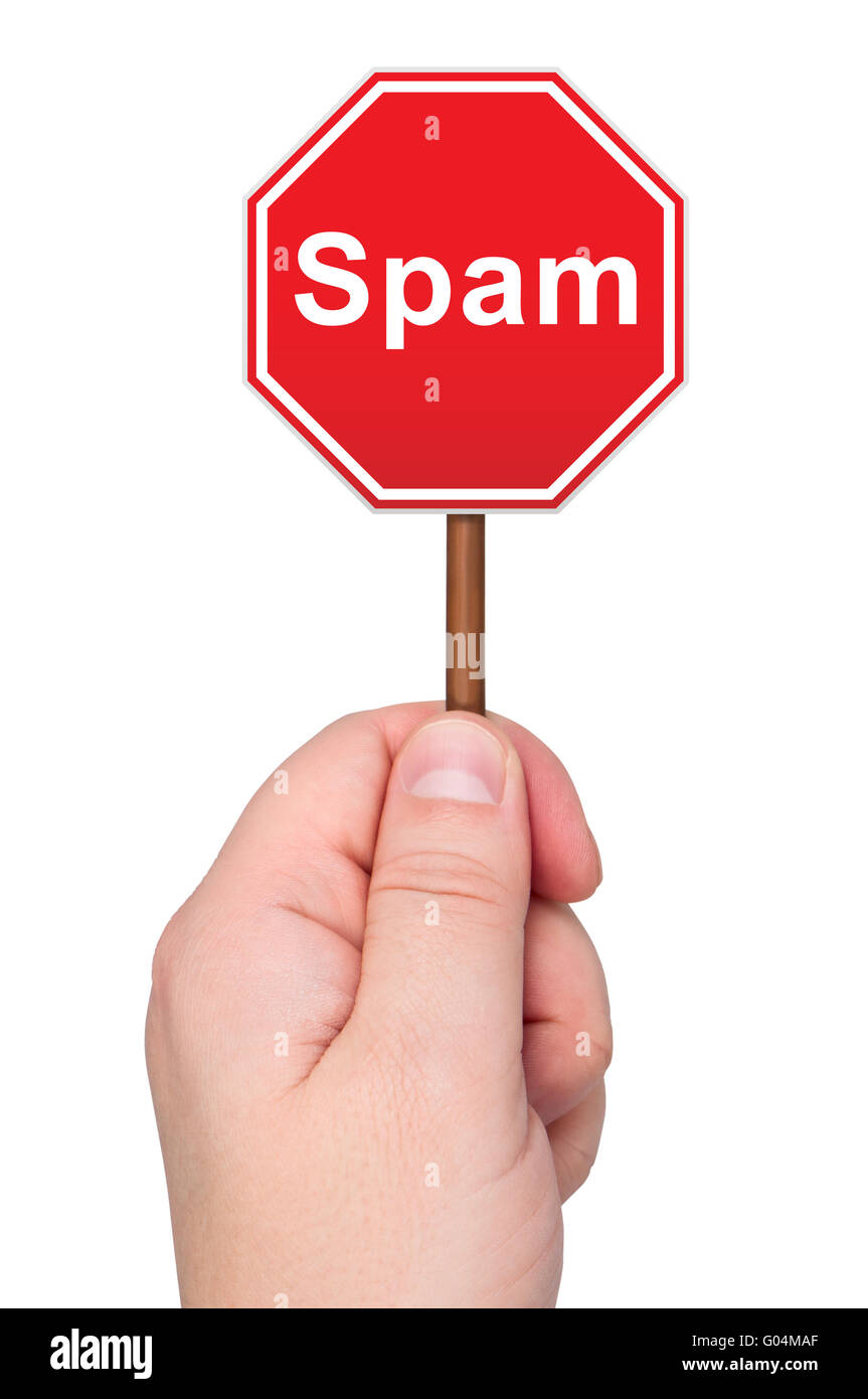 Spam road sign in hand isolated on white background Stock Photo - Alamy