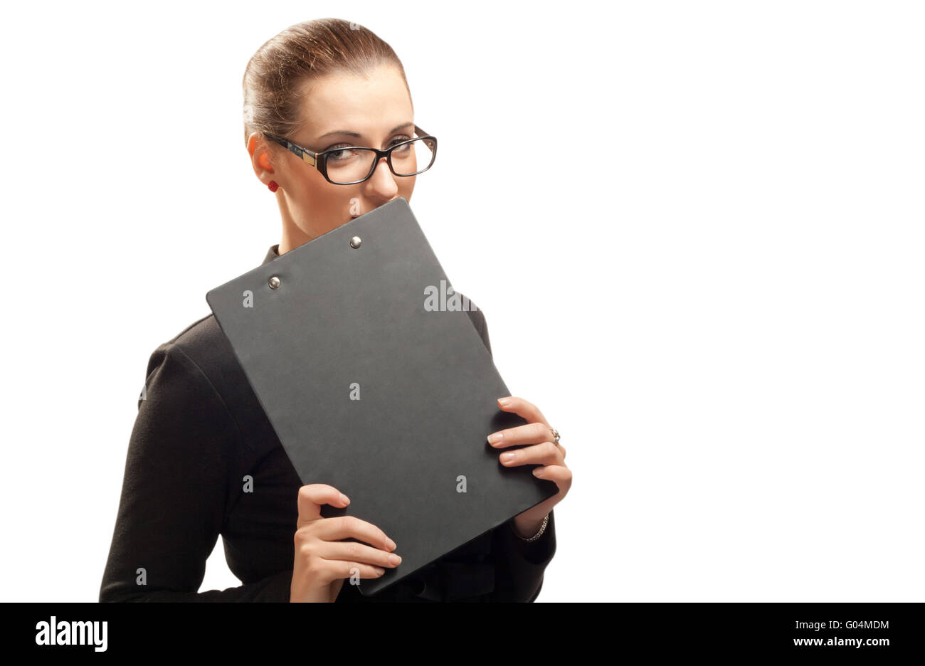 Business woman with clipboard isolated on white Stock Photo - Alamy