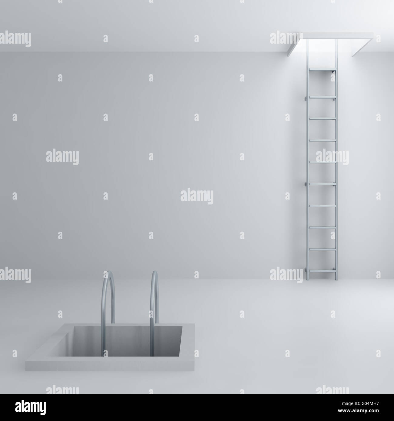 Ladders upwards and downwards in a light room Stock Photo - Alamy