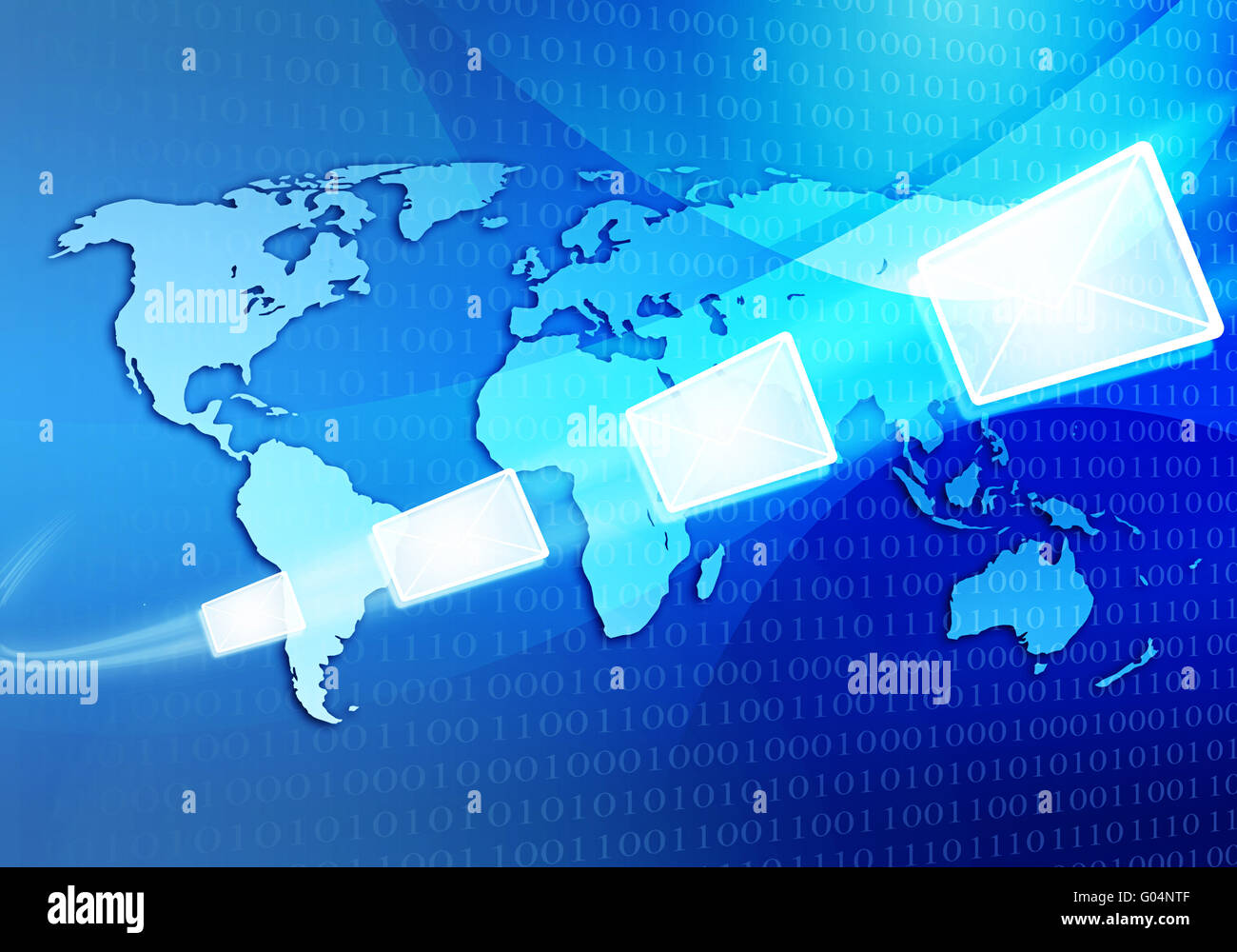 email message travelling via internet around the world map Stock Photo ...