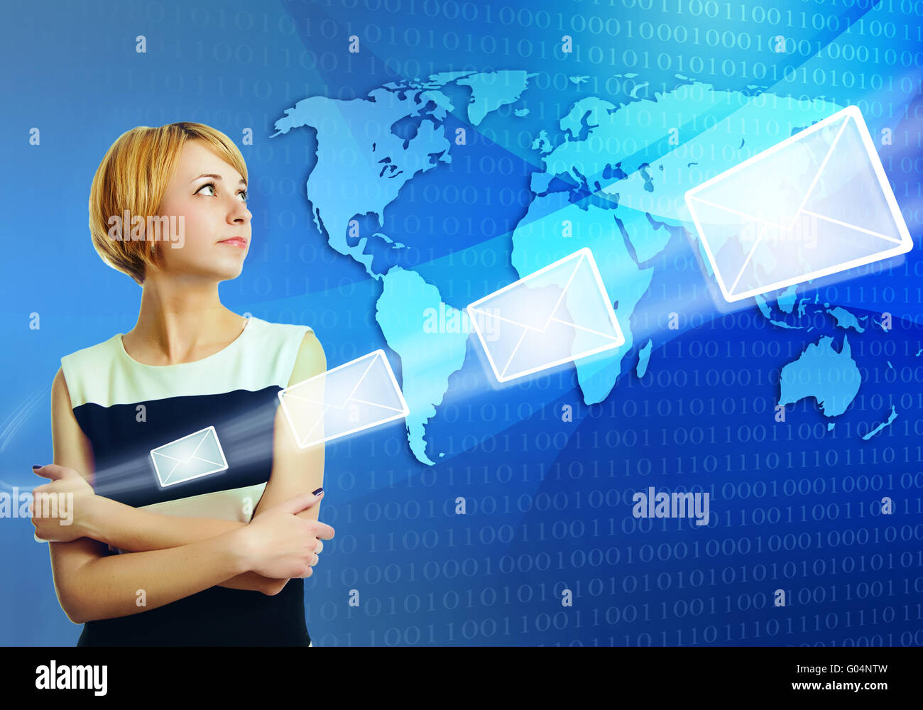 woman over world map sending email message via internet Stock Photo - Alamy