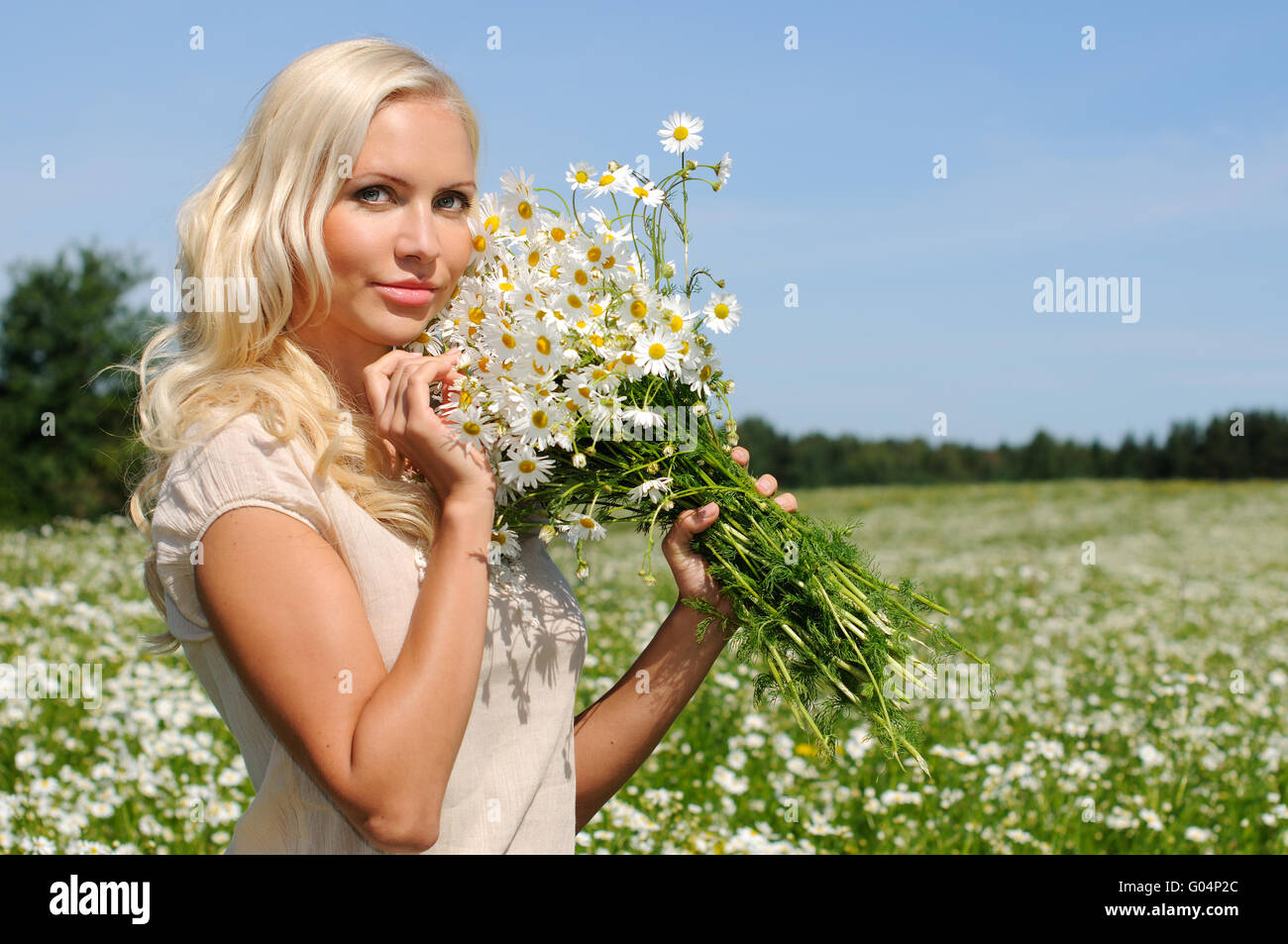 beautiful woman at the meadow with bunch of chamomiles Stock Photo - Alamy