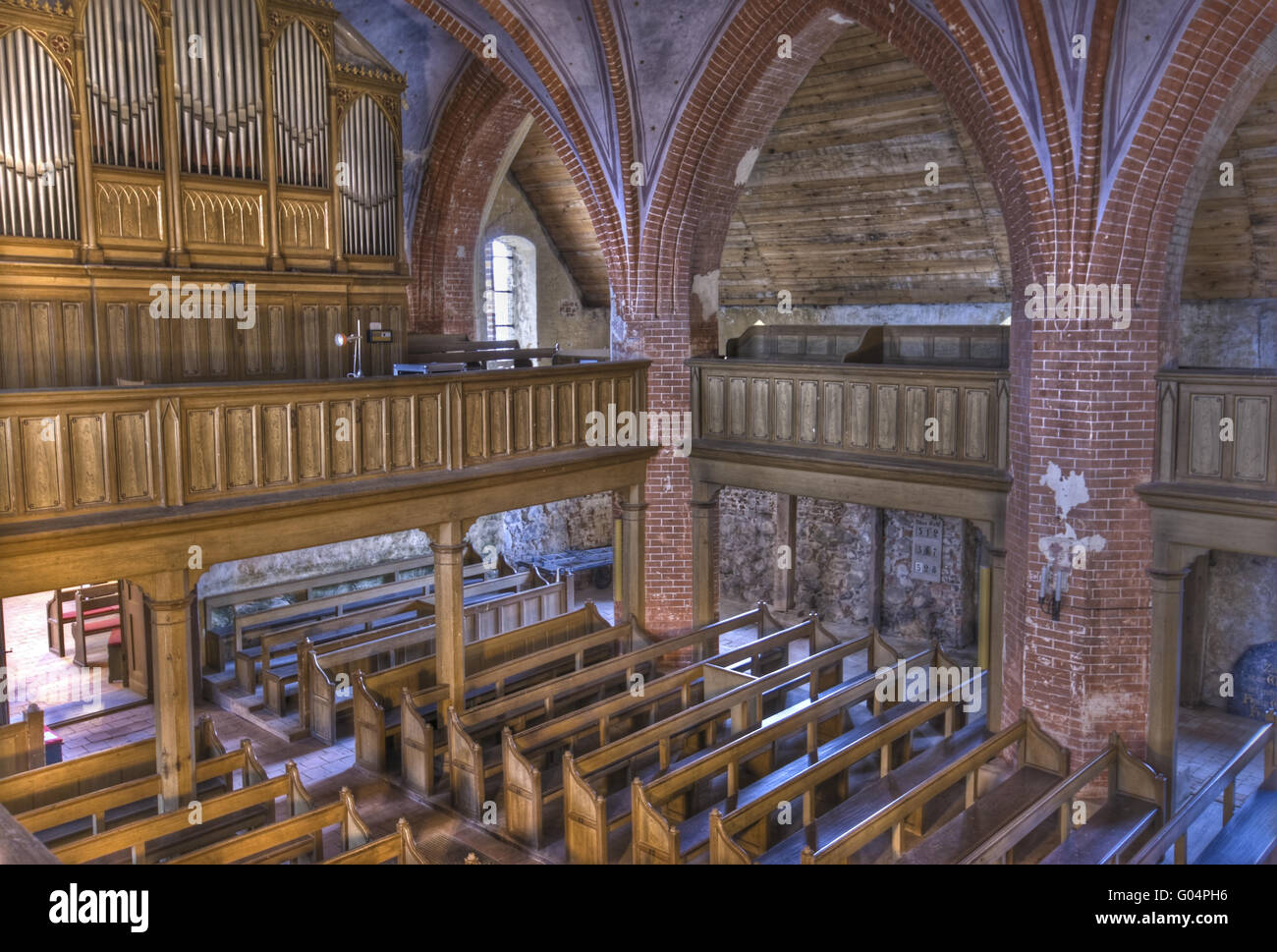 inside of an old village church with an organ Stock Photo - Alamy