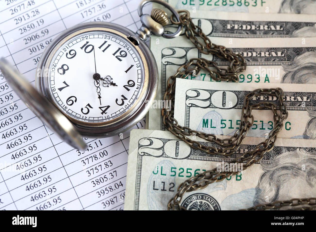 Time is money. Closeup of dollar bank notes near open pocket watch on ...