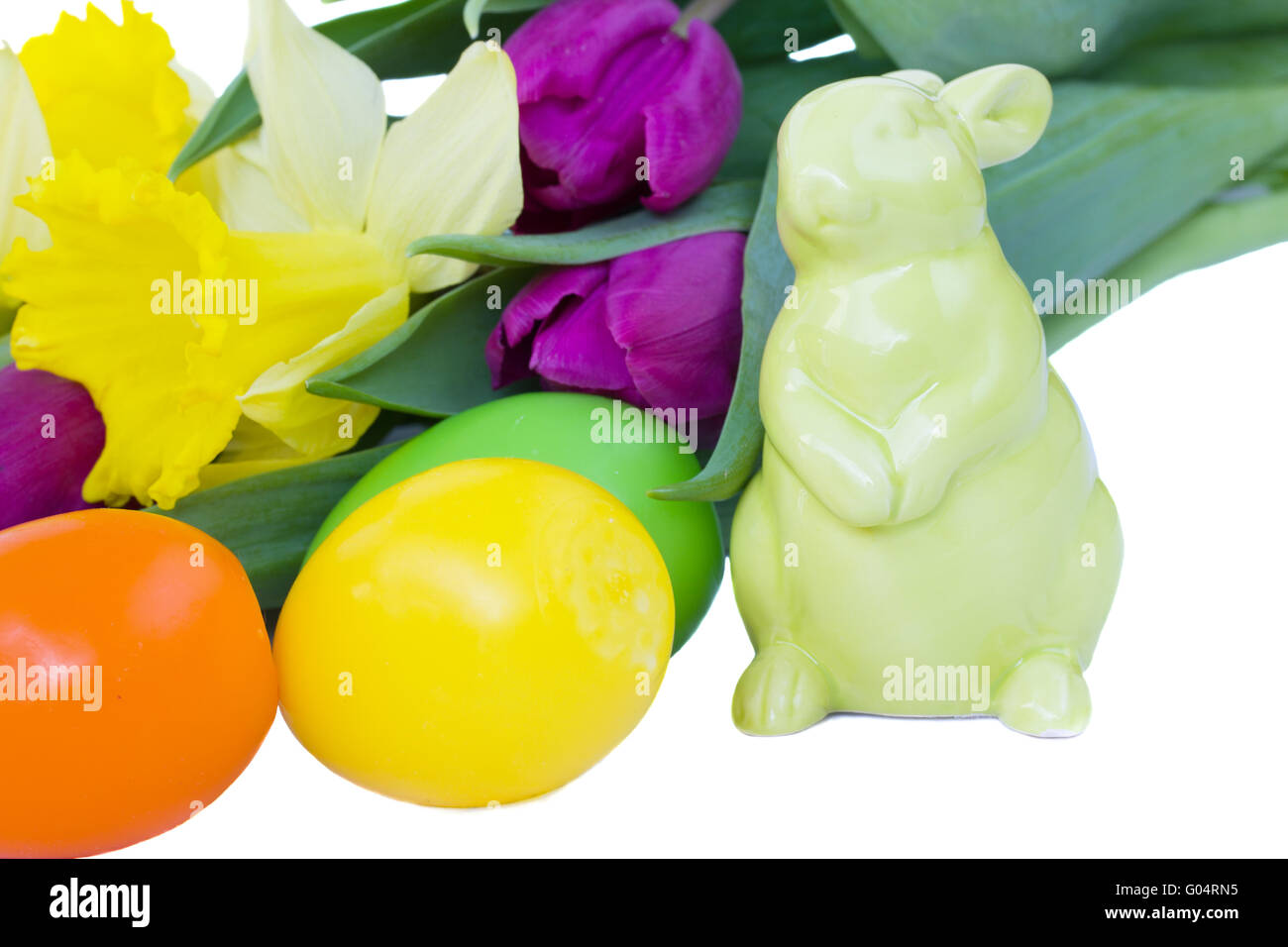 easter bunny with spring flowers and eggs Stock Photo - Alamy