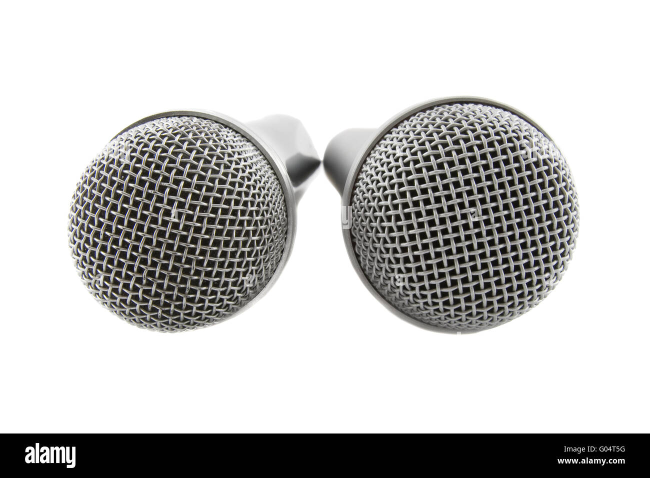 Two silver microphones isolated over white background Stock Photo - Alamy
