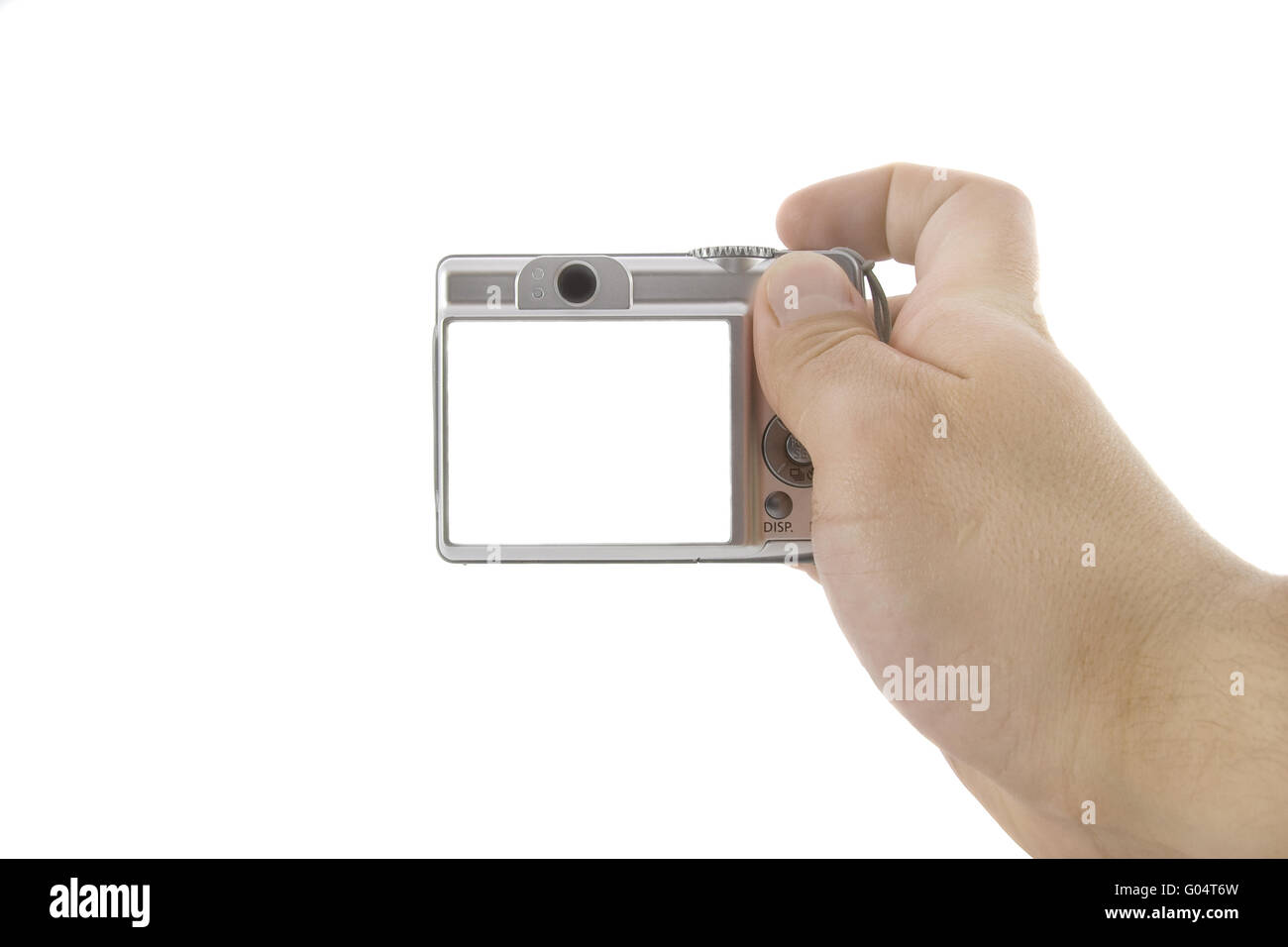 The digital camera in a hand isolated over white background Stock Photo ...