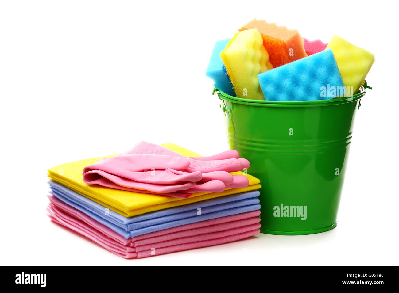 Cleaning cloths and bucket with colored sponges Stock Photo - Alamy