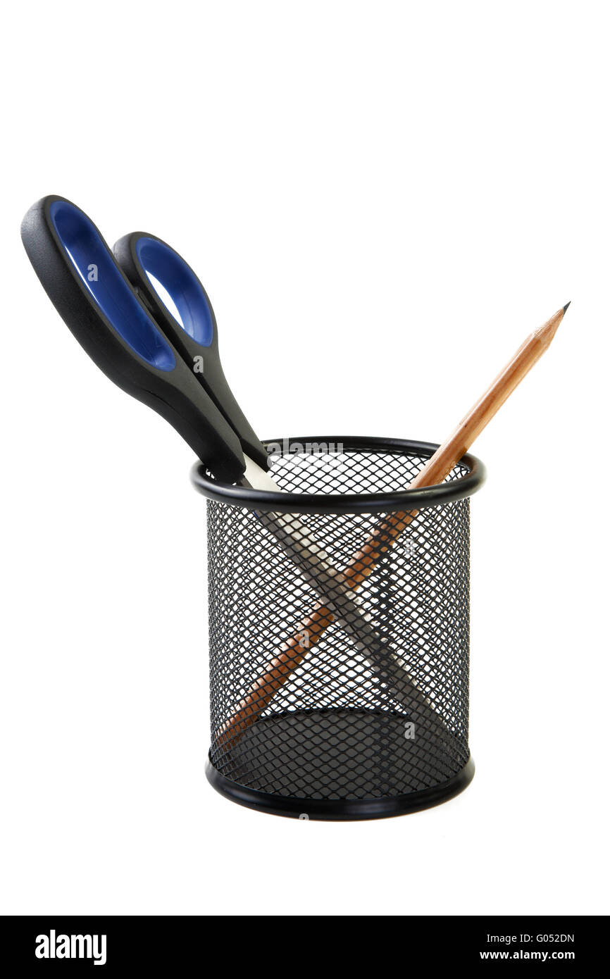 Business still-life with scissors and pencil on a white background ...