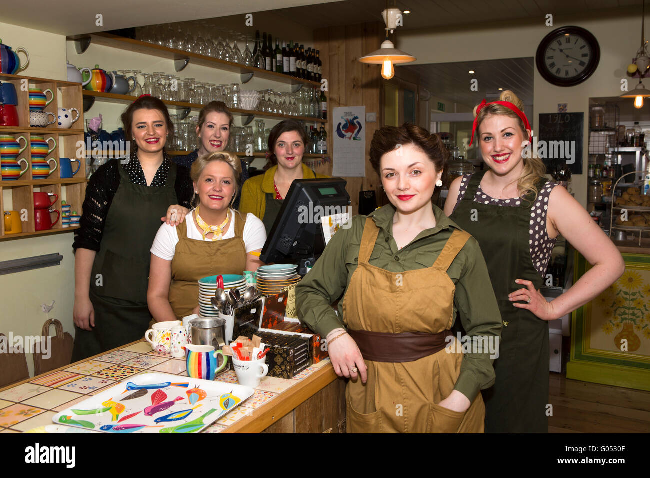 UK, England, Yorkshire, Haworth 40s Weekend, Main Street, waitresses at ...