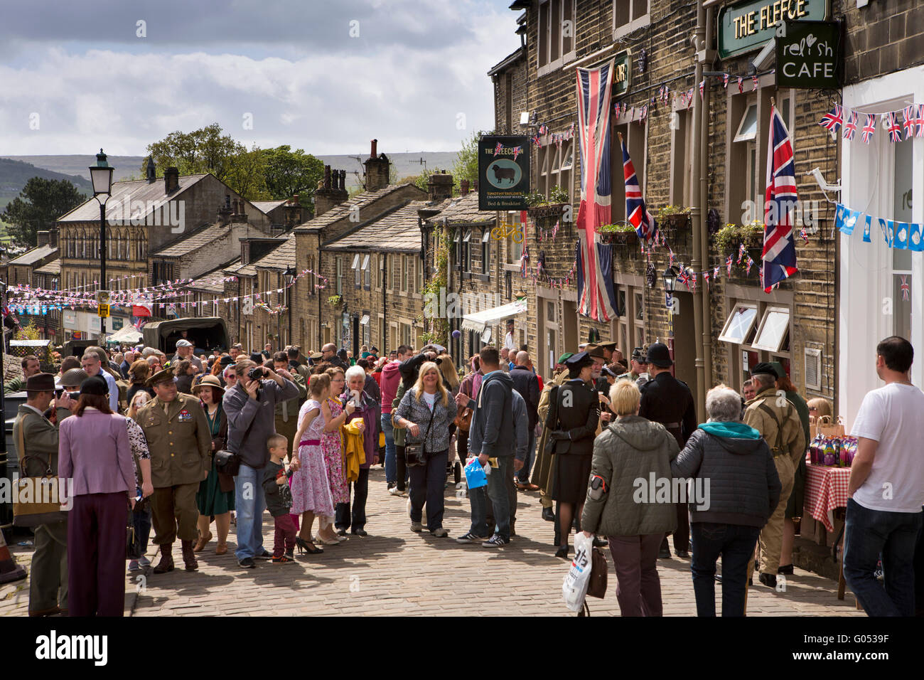 UK, England, Yorkshire, Haworth 40s Weekend, Main Street, visitors in ...