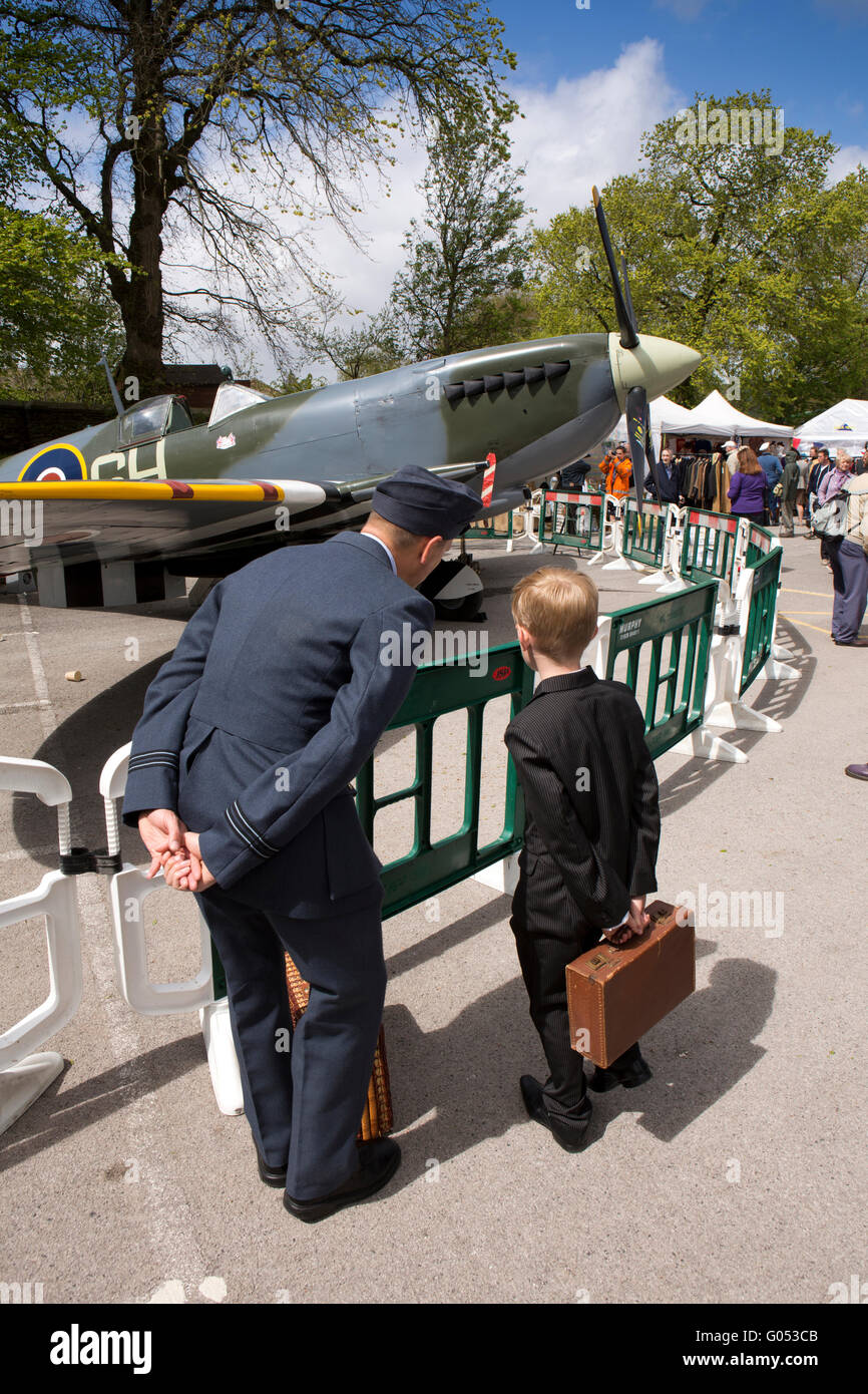 UK, England, Yorkshire, Haworth 40s Weekend, pilot talking to young boy ...
