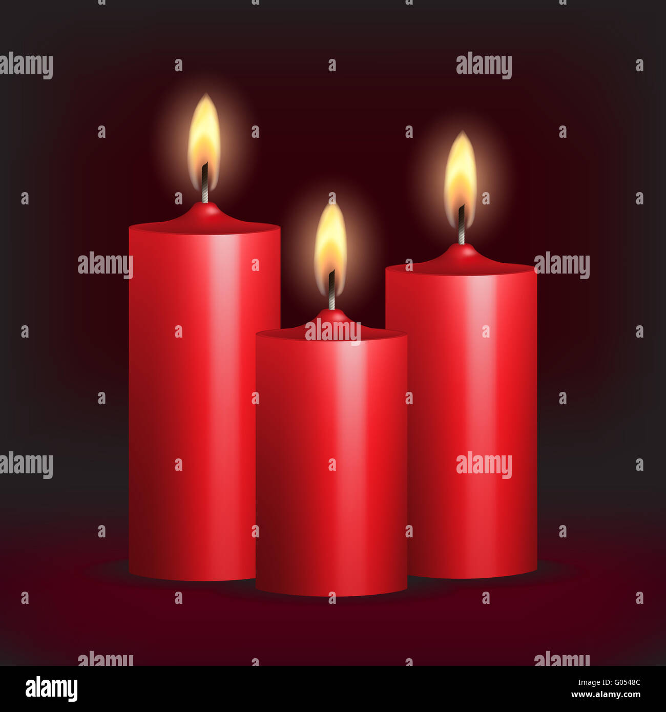 Three red burning candles on black background Stock Photo - Alamy