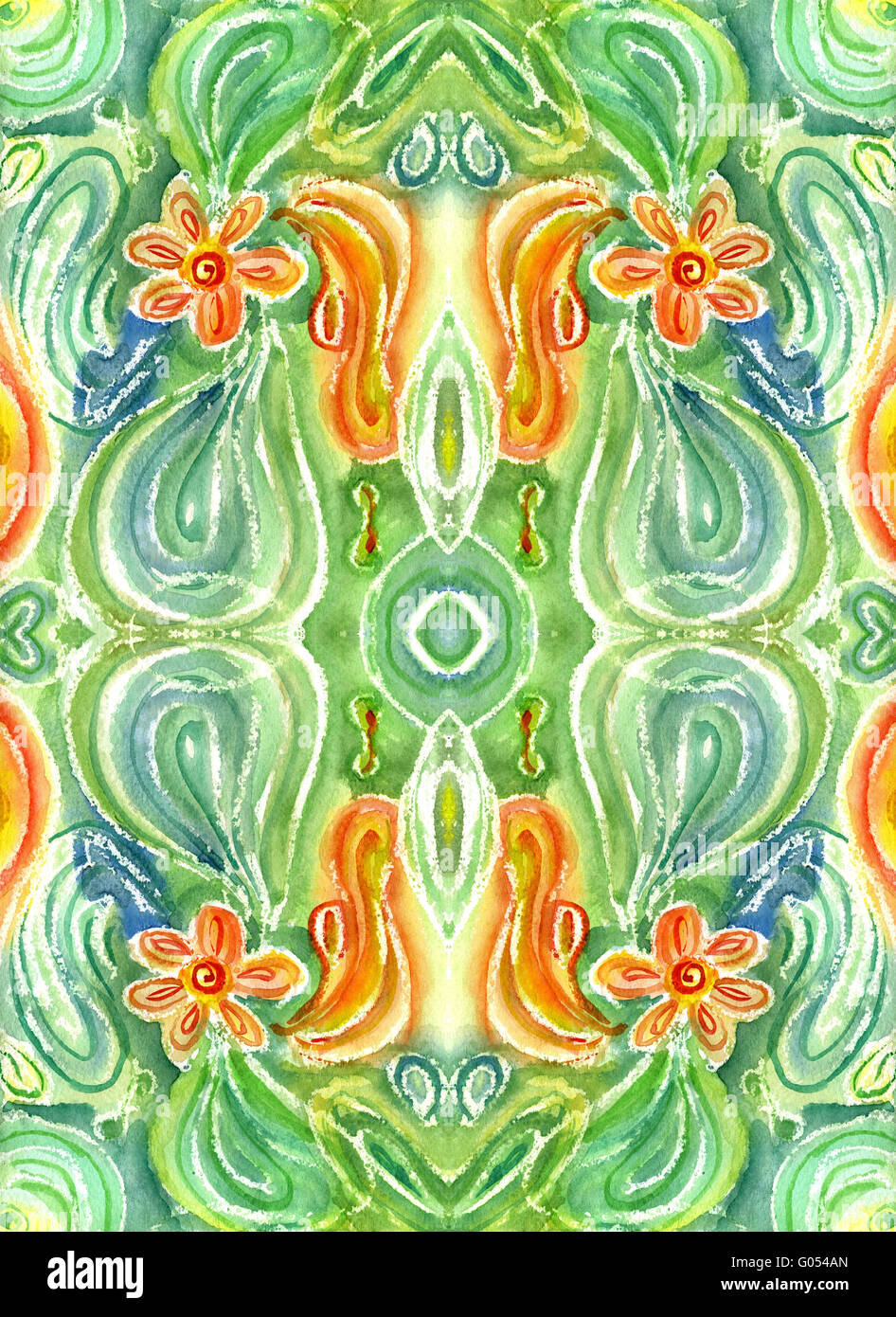 watercolors repetition abstract drawing with flower on green background ...