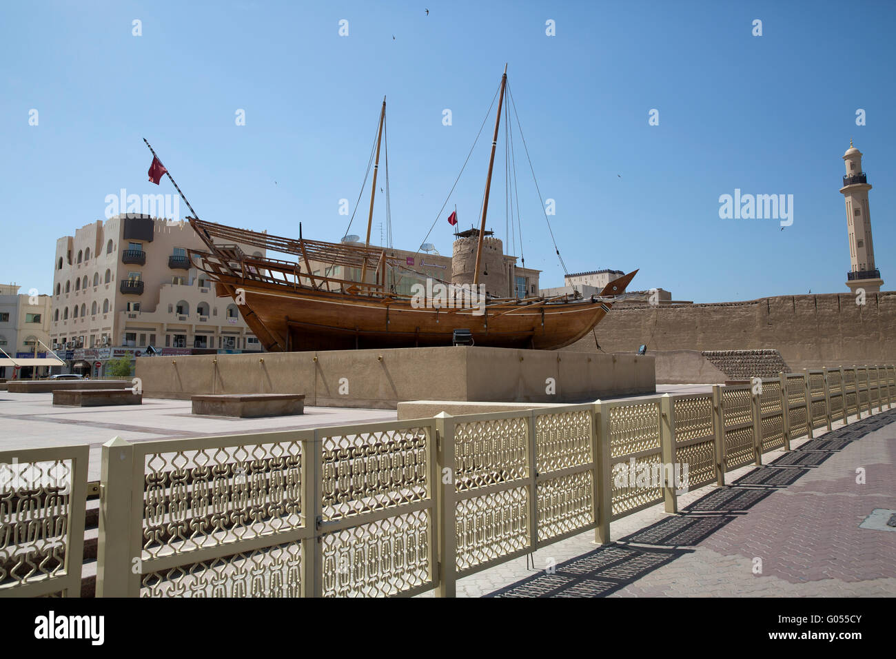 Old wooden boat called a Dhow outside the Dubai museum in UAE Stock ...