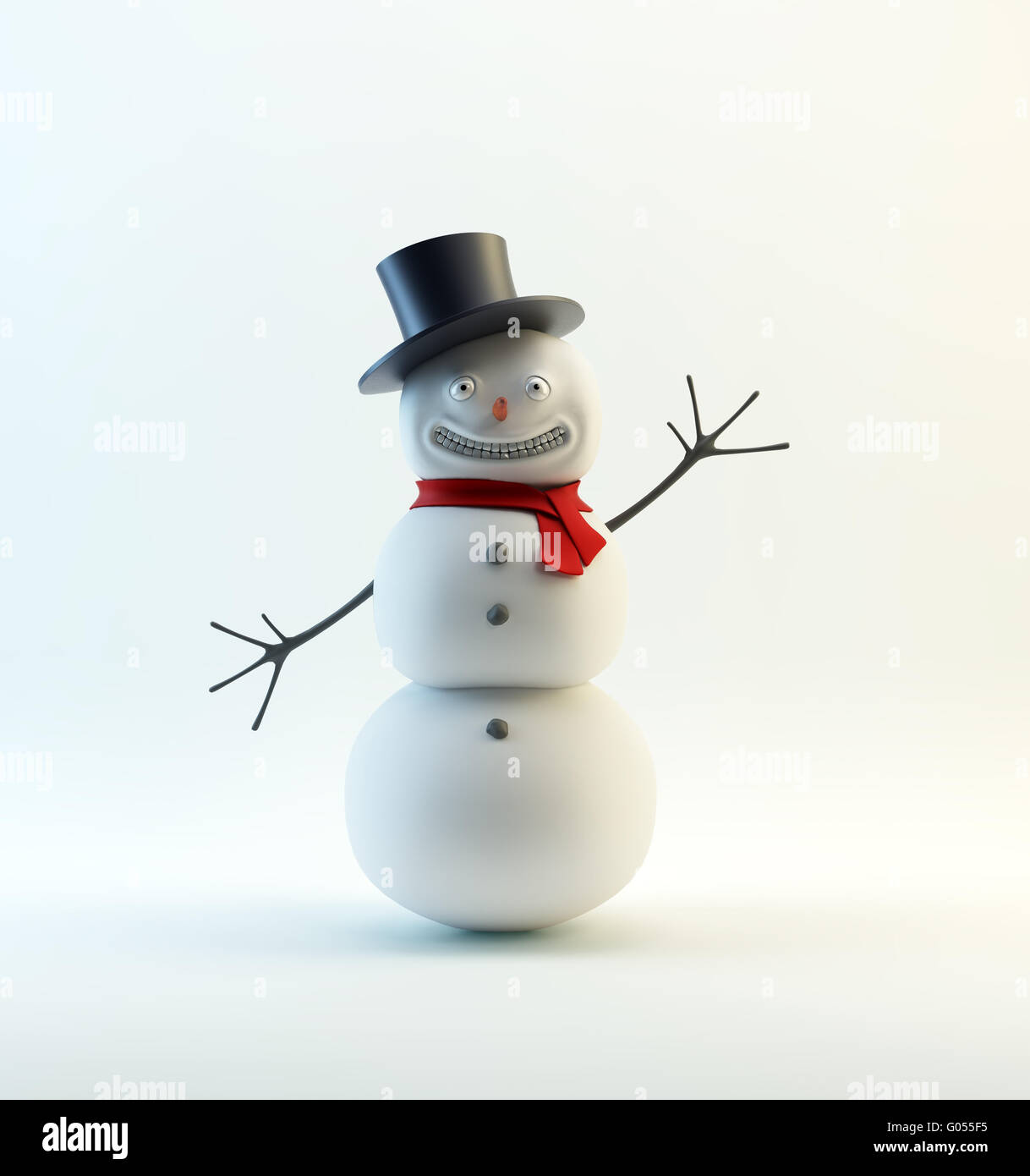 A waving, smiling snowman with a red scarf Stock Photo - Alamy