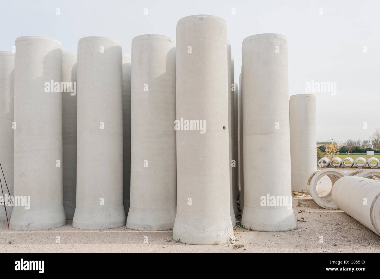 Concrete drainage pipes for industrial building construction Stock ...