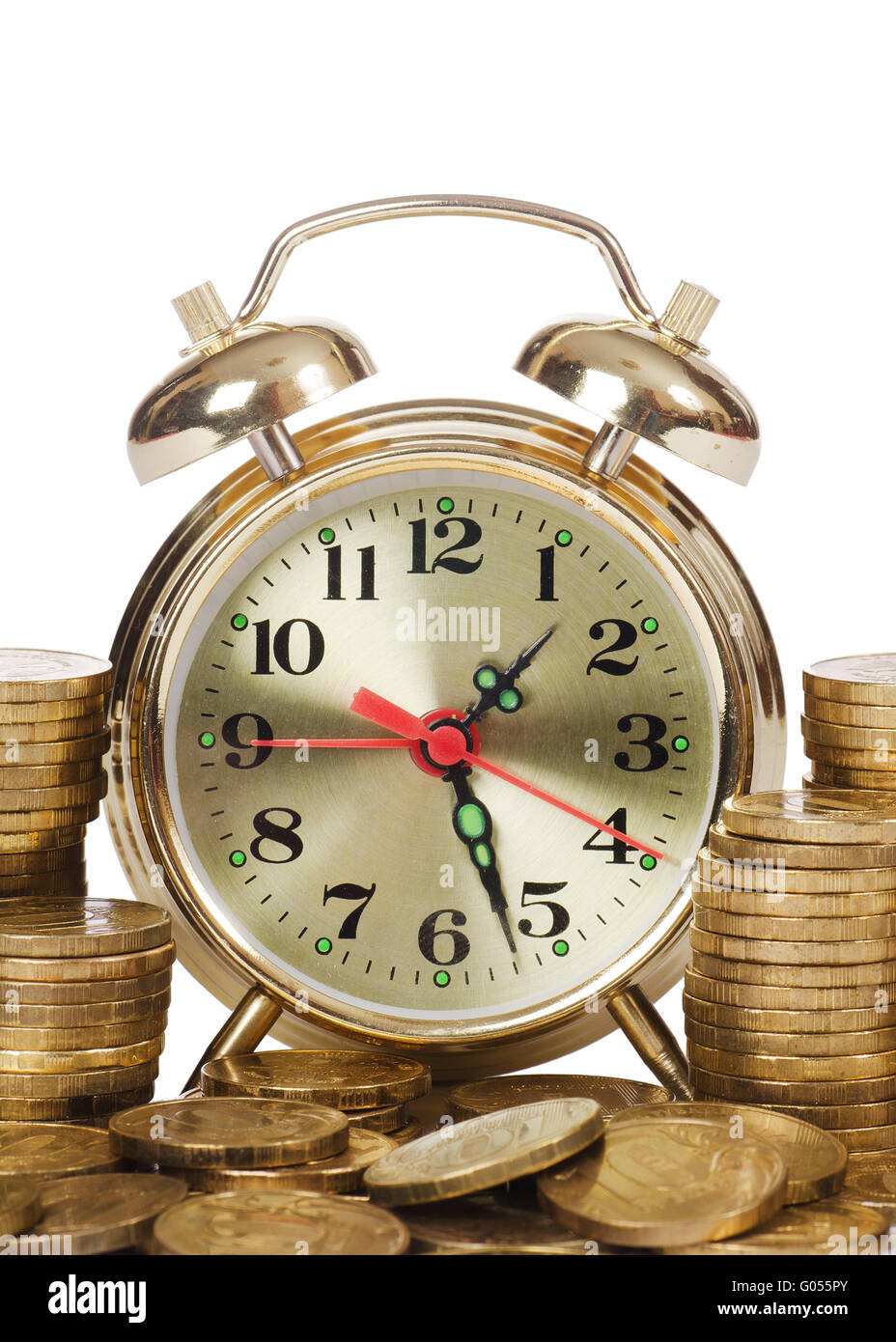 Alarm clock and money isolated on white background Stock Photo - Alamy