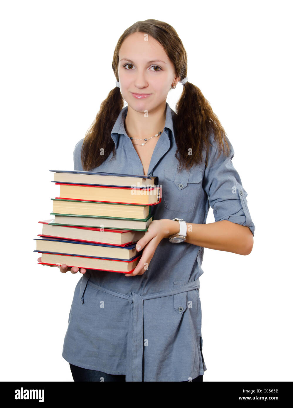 The beautiful girl with books isolated on white Stock Photo - Alamy
