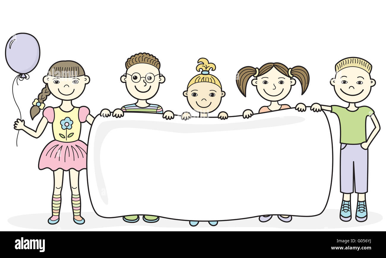 Cartoon children holding empty banner Stock Photo - Alamy