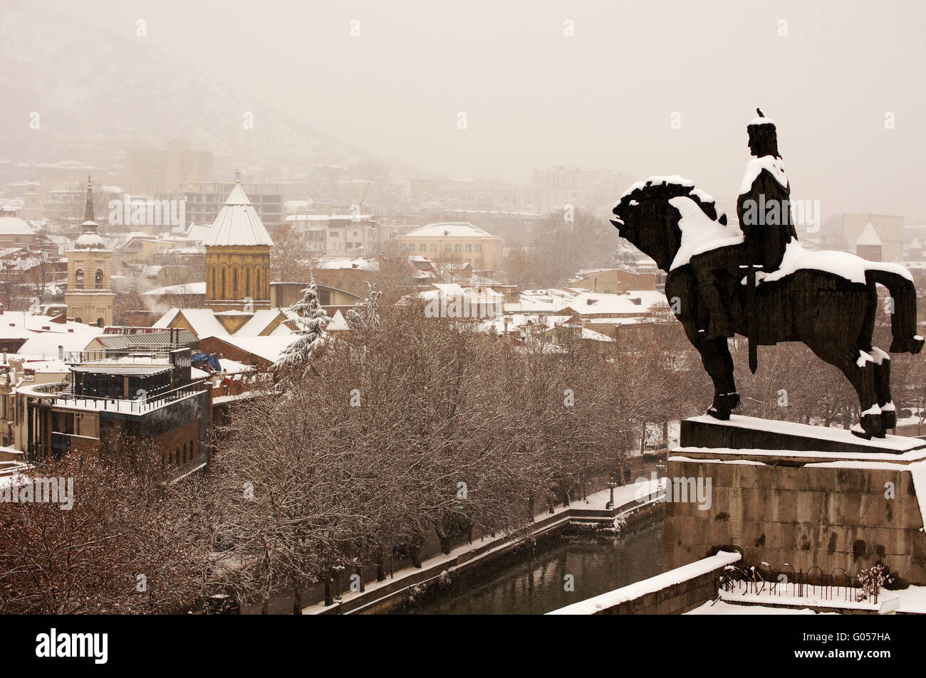 Winter view to covered with snow Tbilisi Old town in misty day Stock ...