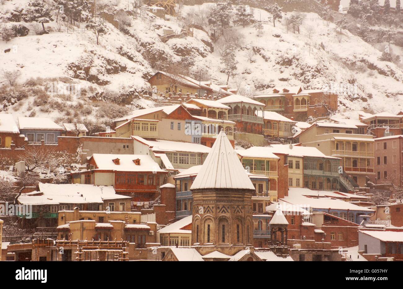 Winter view to covered with snow Tbilisi Old town in misty day Stock ...