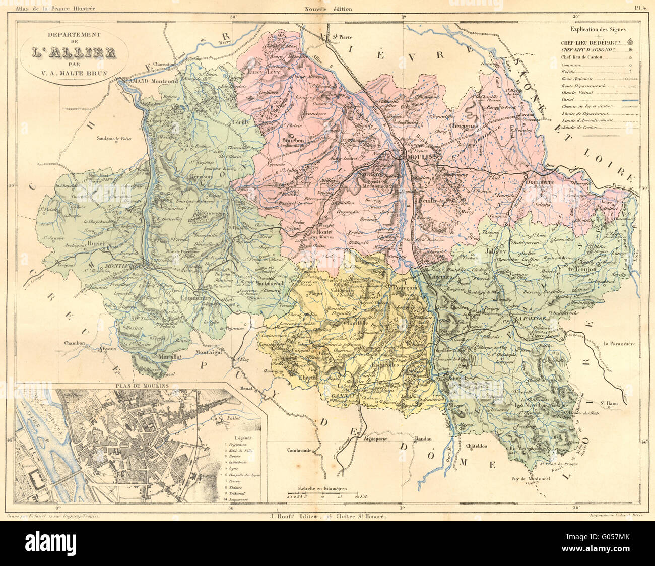 ALLIER: Departement de L'Allier; plan Moulins, 1881 antique map Stock ...