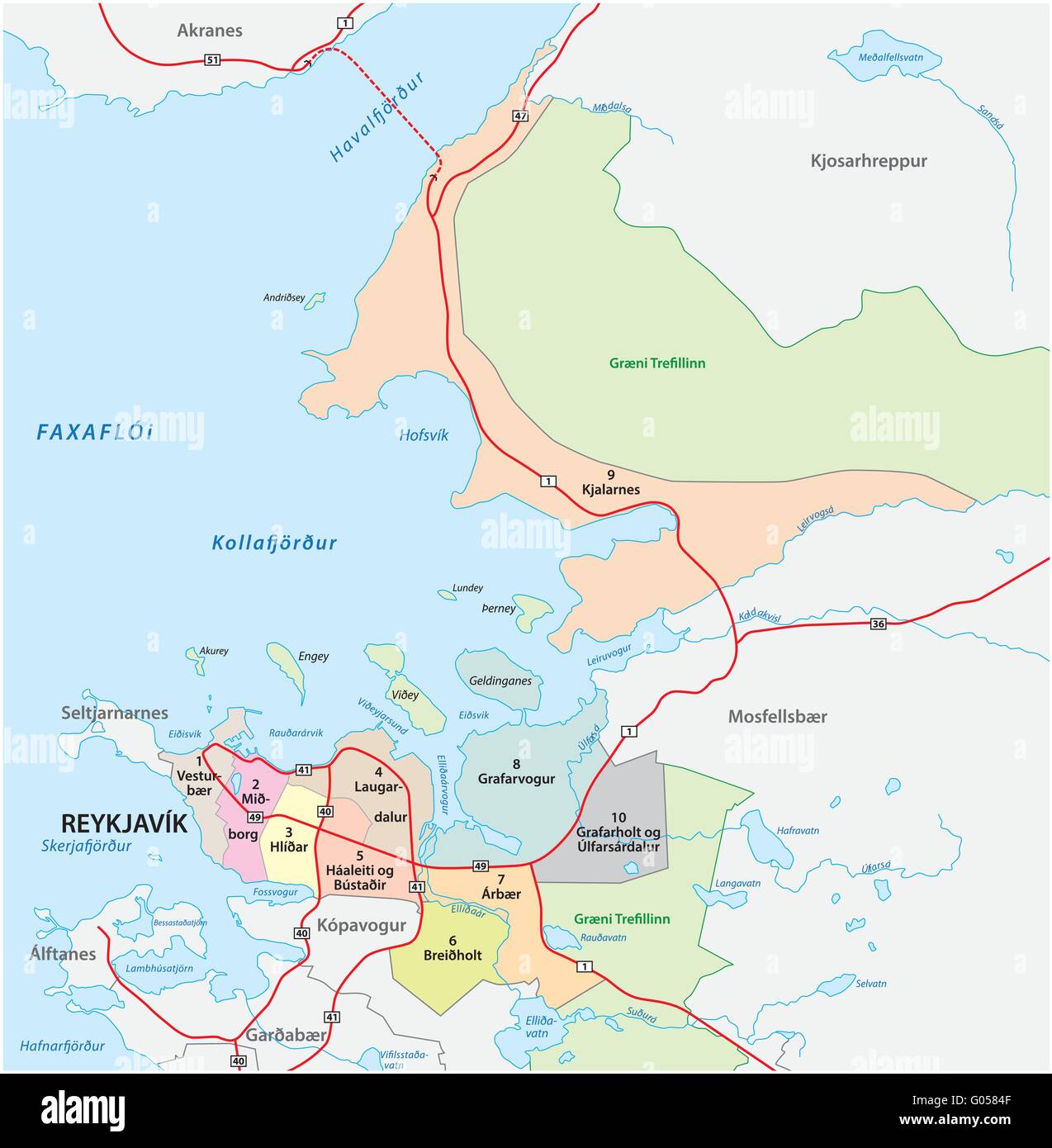administrative and road vector map of the Icelandic capital Reykjavik ...