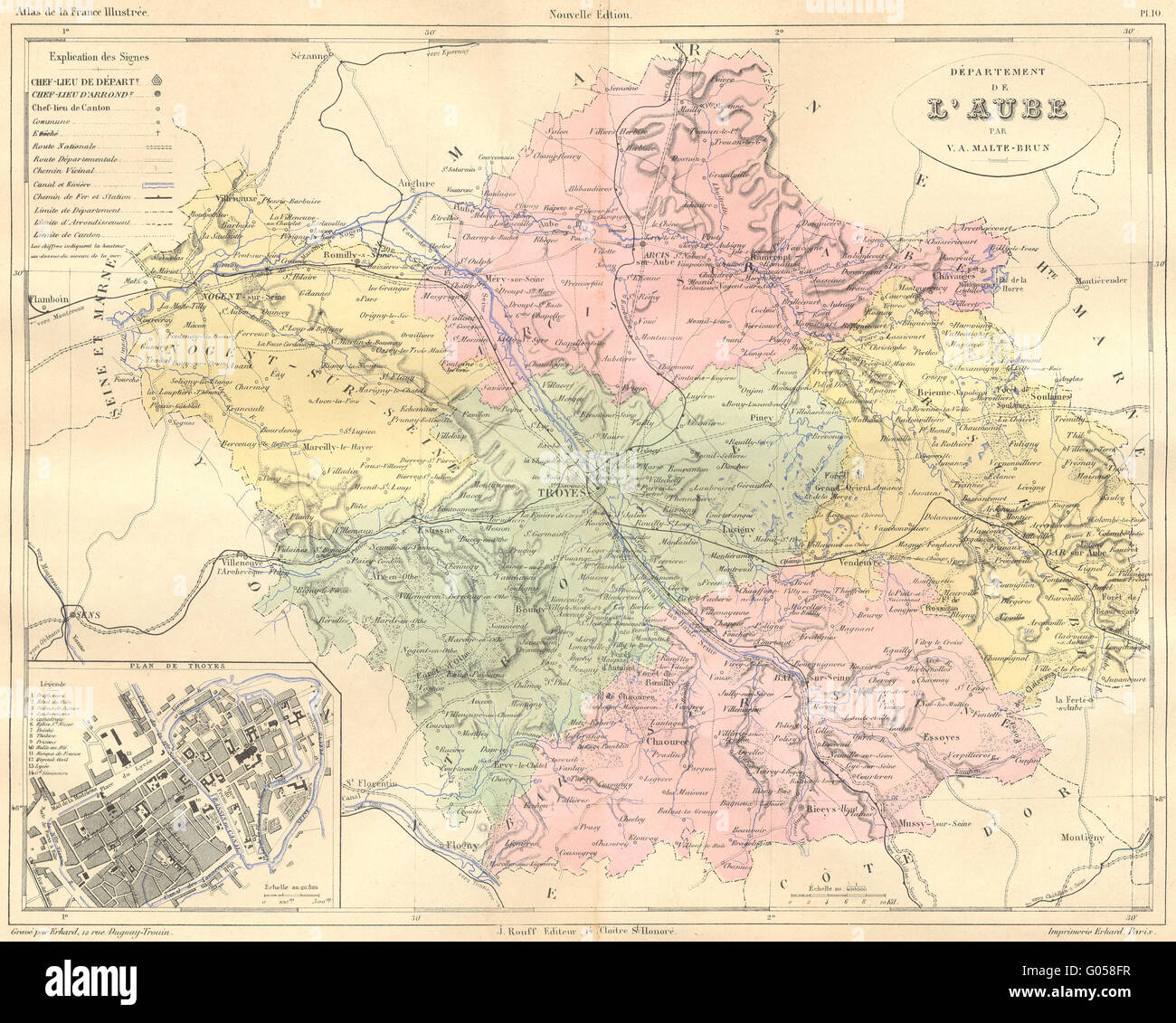 AUBE: Departement de L'Aube; plan Troyes, 1881 antique map Stock Photo ...