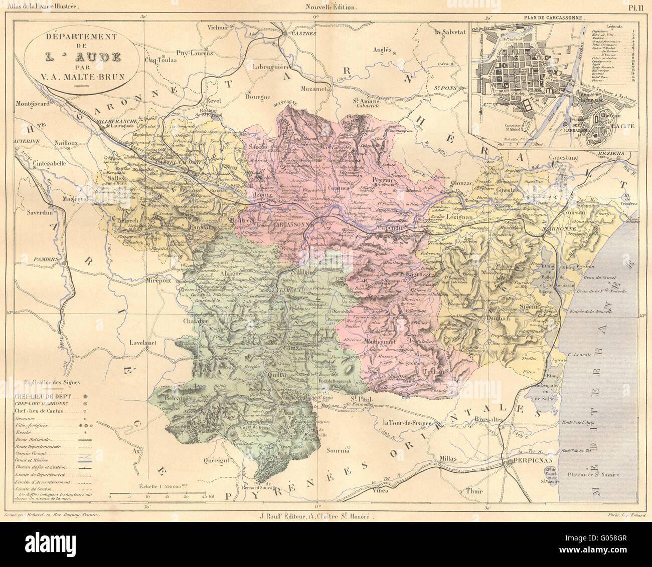 AUDE: Departement de L'Aude; plan Carcassonne, 1881 antique map Stock ...