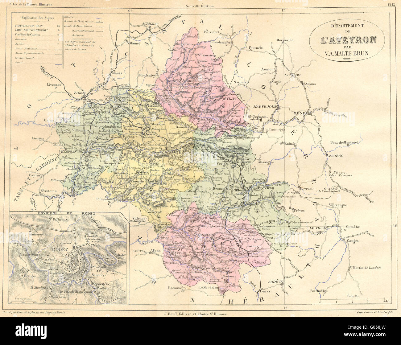 AVEYRON: Departement de L'Aveyron; area Rodez, 1881 antique map Stock ...